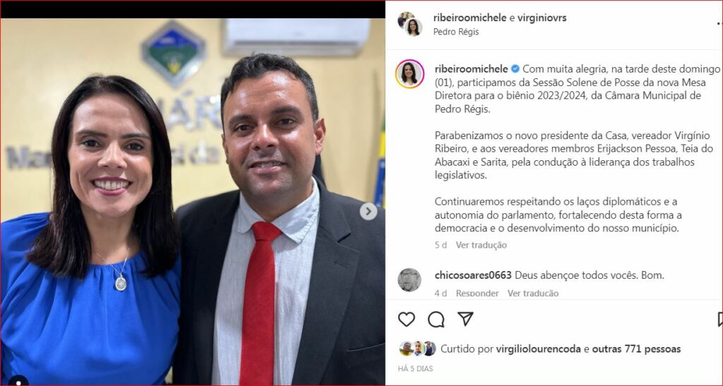 Prefeita Michele Ribeiro prestigia a posse do irmão Virgínio, como Presidente do Legislativo de ...